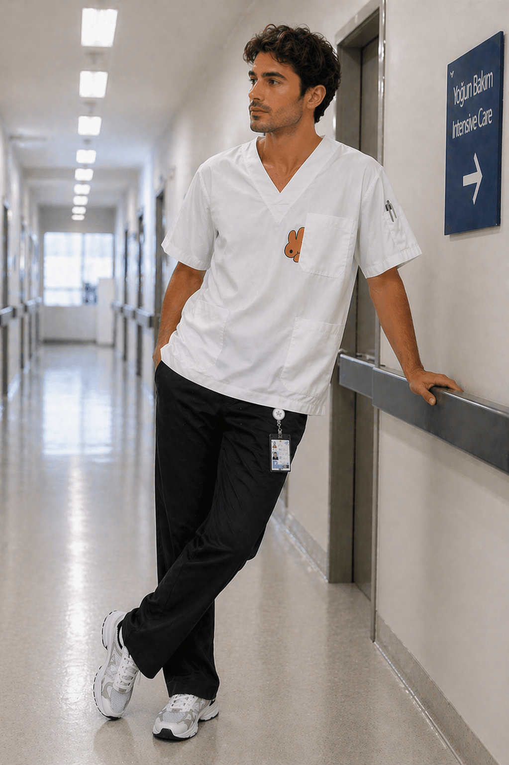 Beyaz Veteriner Kadın Scrubs Üst Forma | Tavşan Nakışlı - MirachMed